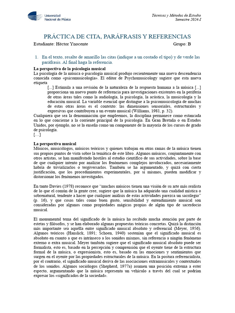 Práctica de Cita, Parafraseo y Referencia | PDF | Sicología | Educación ...