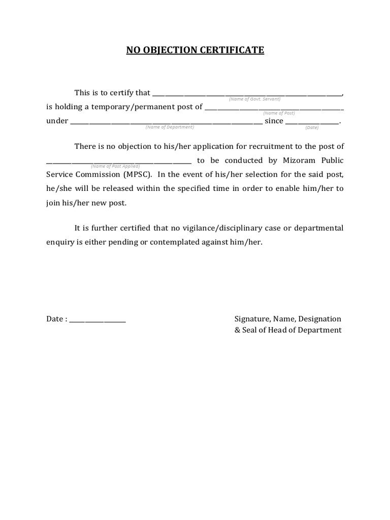 No Objection Certificate Template | PDF