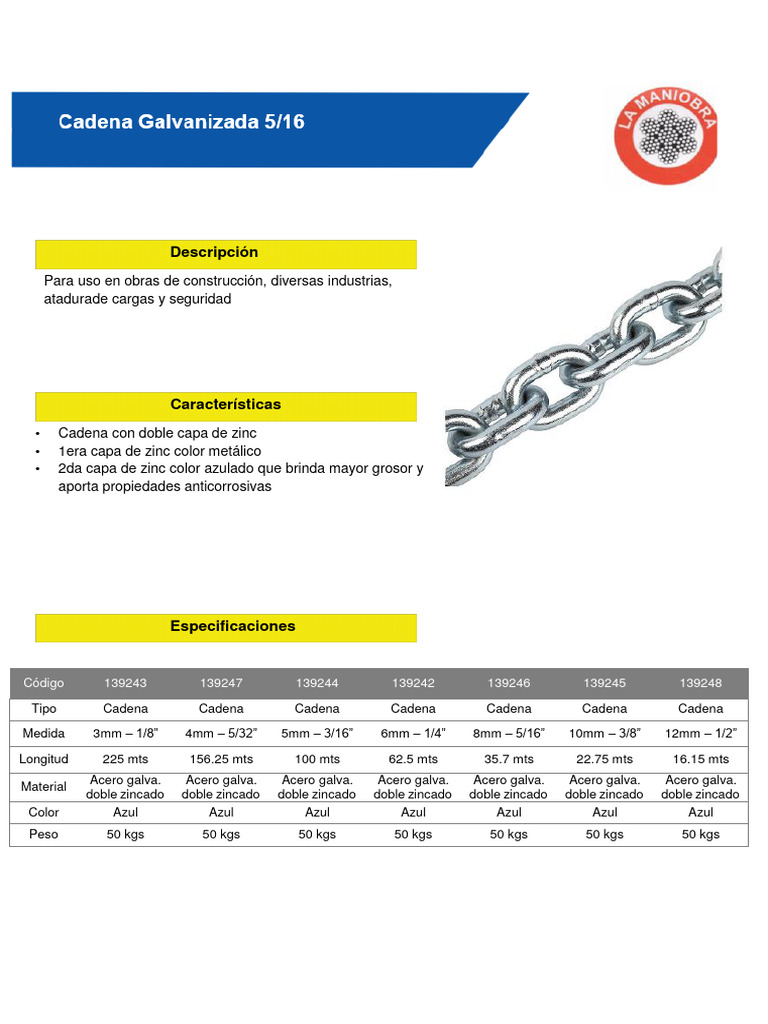 ficha tecnica cadena galvanizada 5-16 | PDF