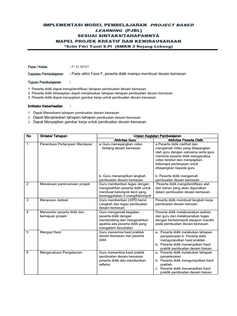 IMPLEMENTASI MODEL PEMBELAJARAN PJBL - eRLIN | PDF