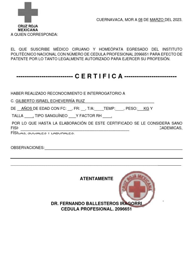 Certificado Médico Cruz Roja 2023 | PDF