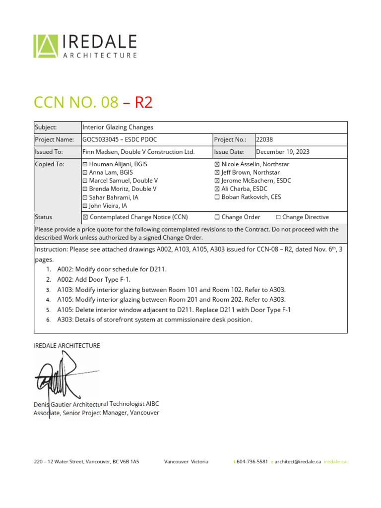 22038-CCN-08-Interior Glazing Changes - R2 | PDF | Components | Security Technology