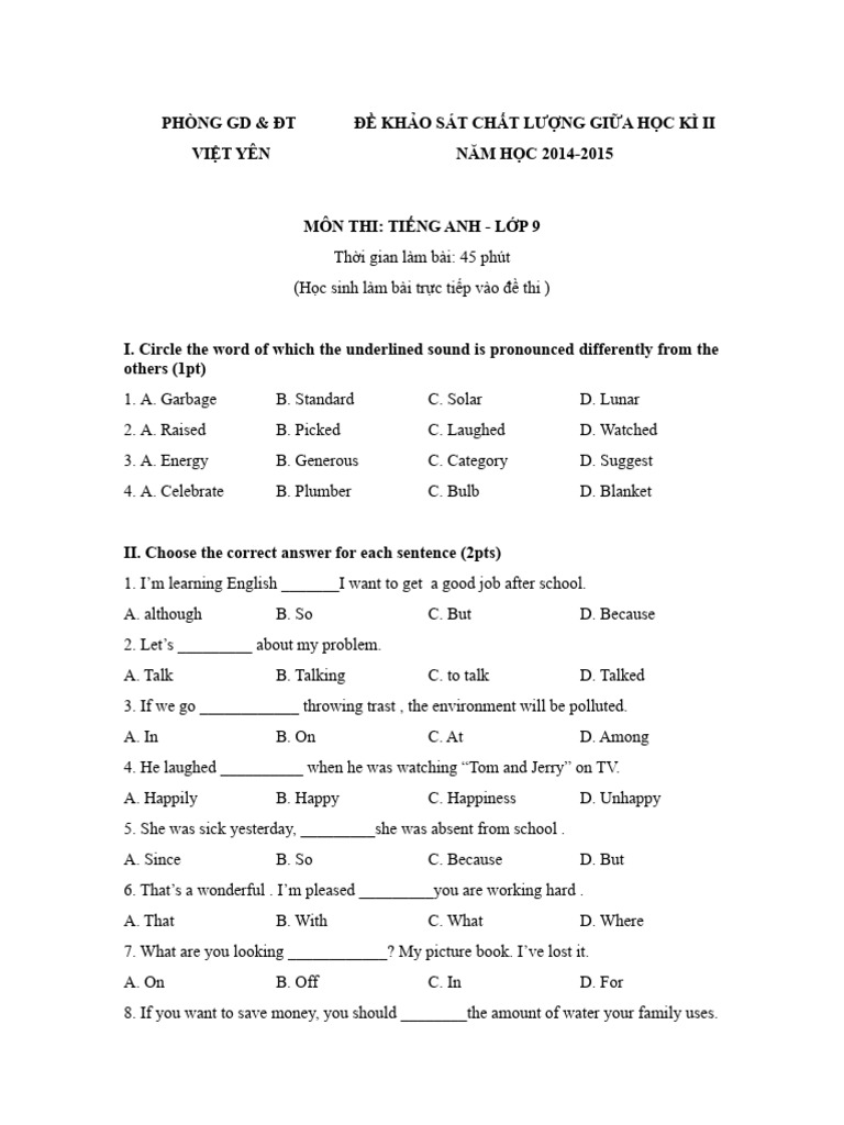 De Khao Sat Chat Luong Giua Hoc Ky II Mon Tieng Anh Lop 9 Huyen Viet Yen | PDF