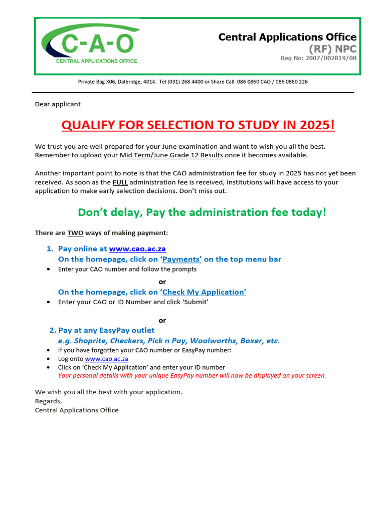 CAO Application To Study in 2025 | PDF