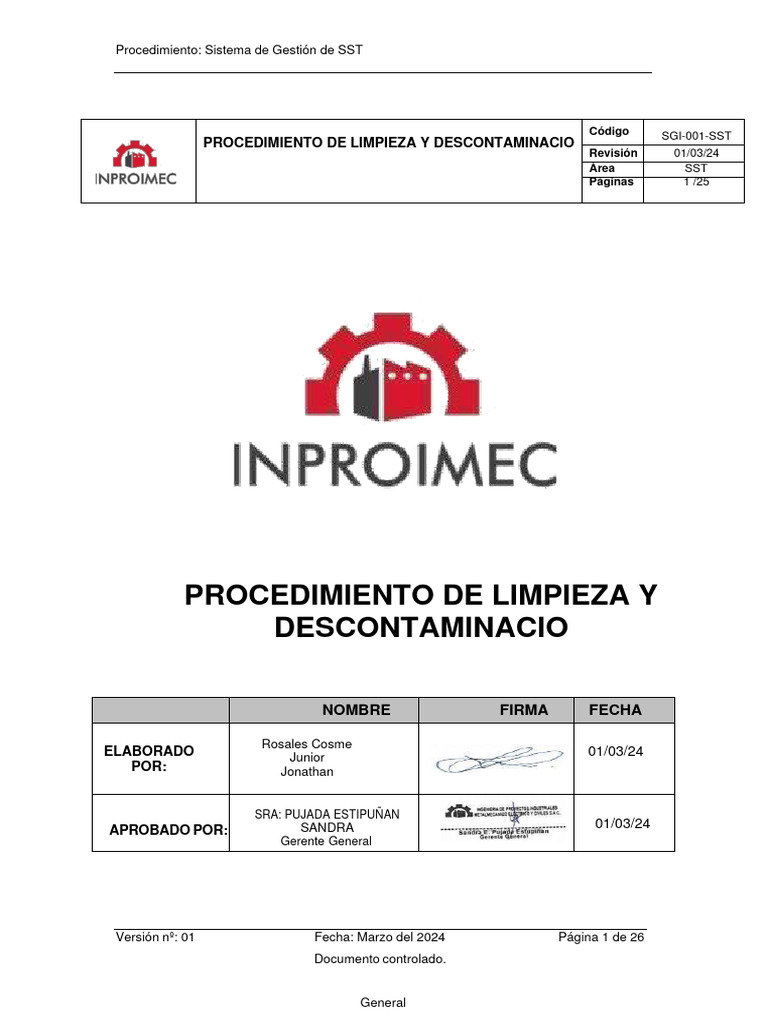 Procedimiento de Limpieza y Descontaminacion - 2024 | PDF | Residuos | Agua