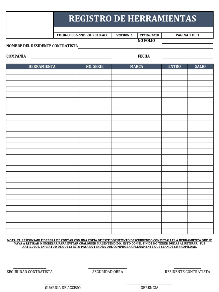 Formato de Salida de Herramientas en Obra | PDF | Negocios | Derecho