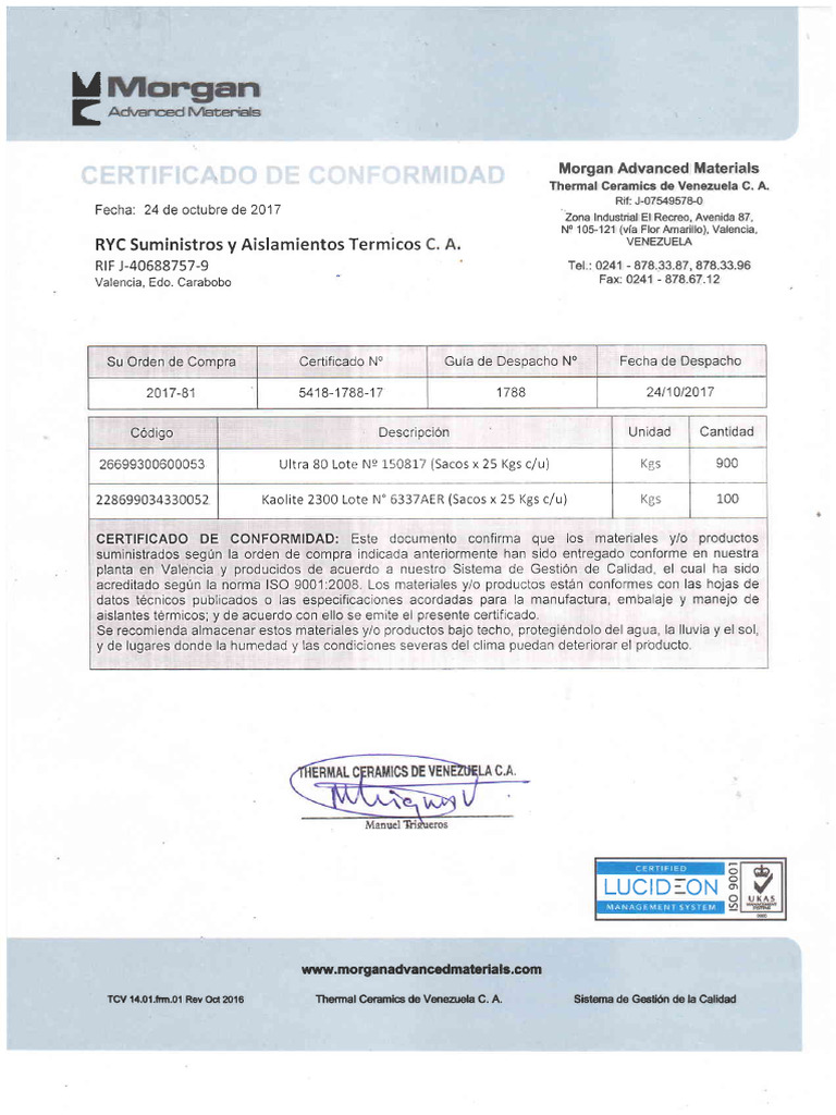 Certificado Calidad Kaolite 2300 | PDF