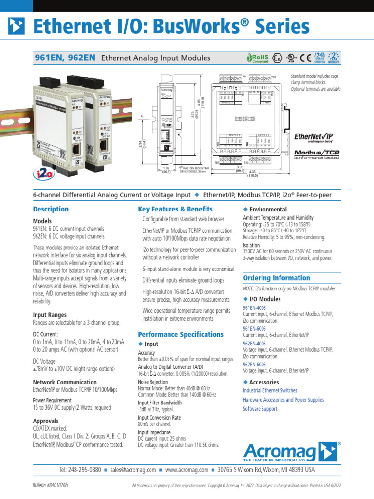 Acromag 961EN - 962EN Ethernet Analog Input Modules | PDF | Analog To Digital Converter ...