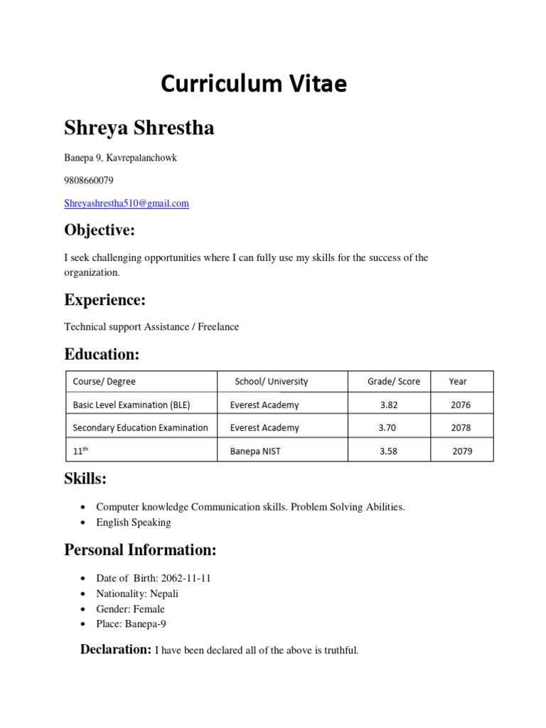 Curriculum Vitae: Shreya Shrestha | PDF