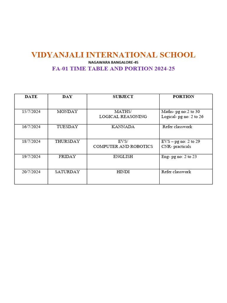 Fa-1 Time Table 2024-1 | PDF