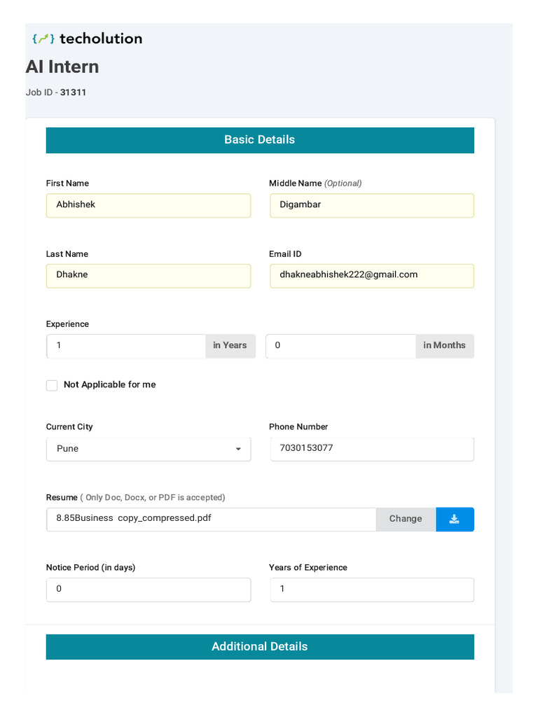 Apply For AI Intern at Techolution | PDF