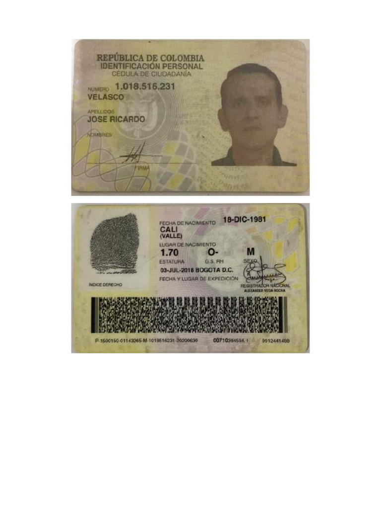 Cedula Colombiana Jose Ricardo Velasco | PDF