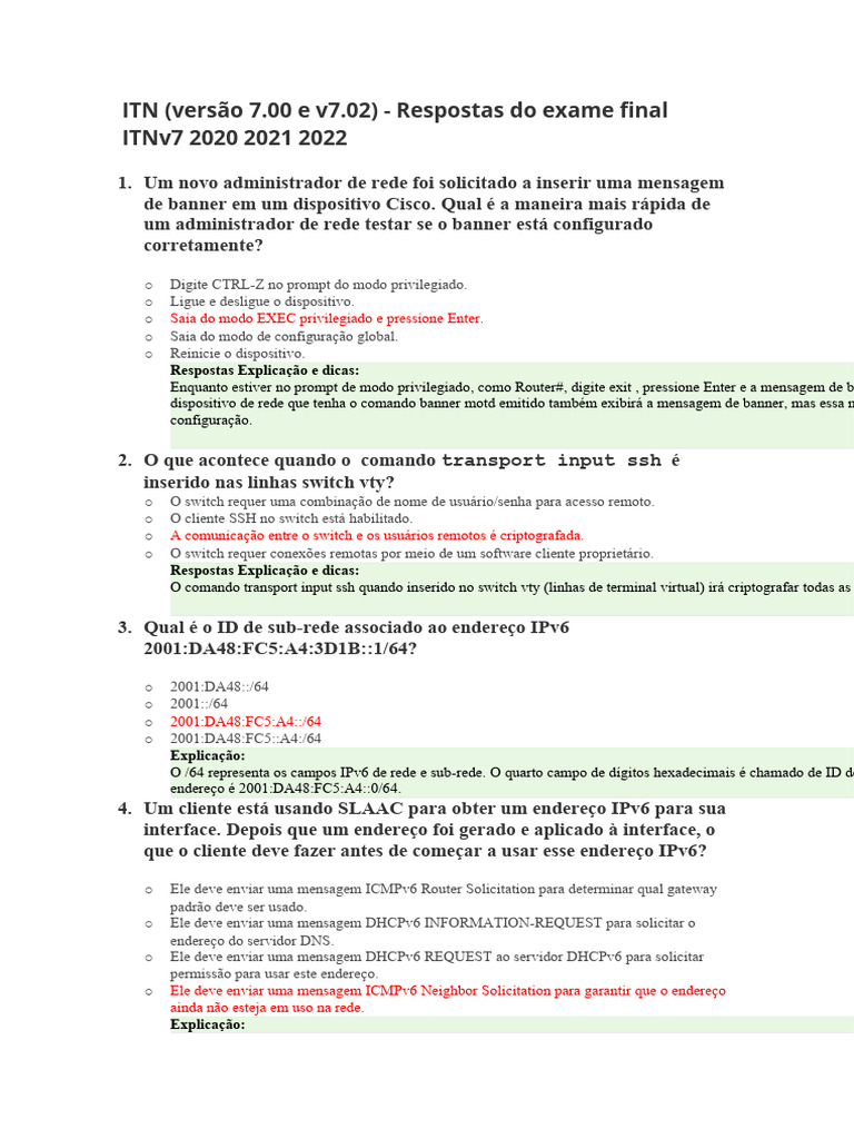Respostas Do Exame Final 2020 2021 2022 Corretas 100 | PDF | Rede de computadores | Comutador de ...