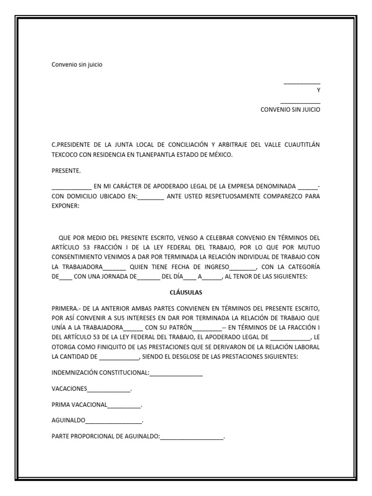 Formato de Convenio Sin Juicio en Materia Laboral. | PDF | Justicia ...