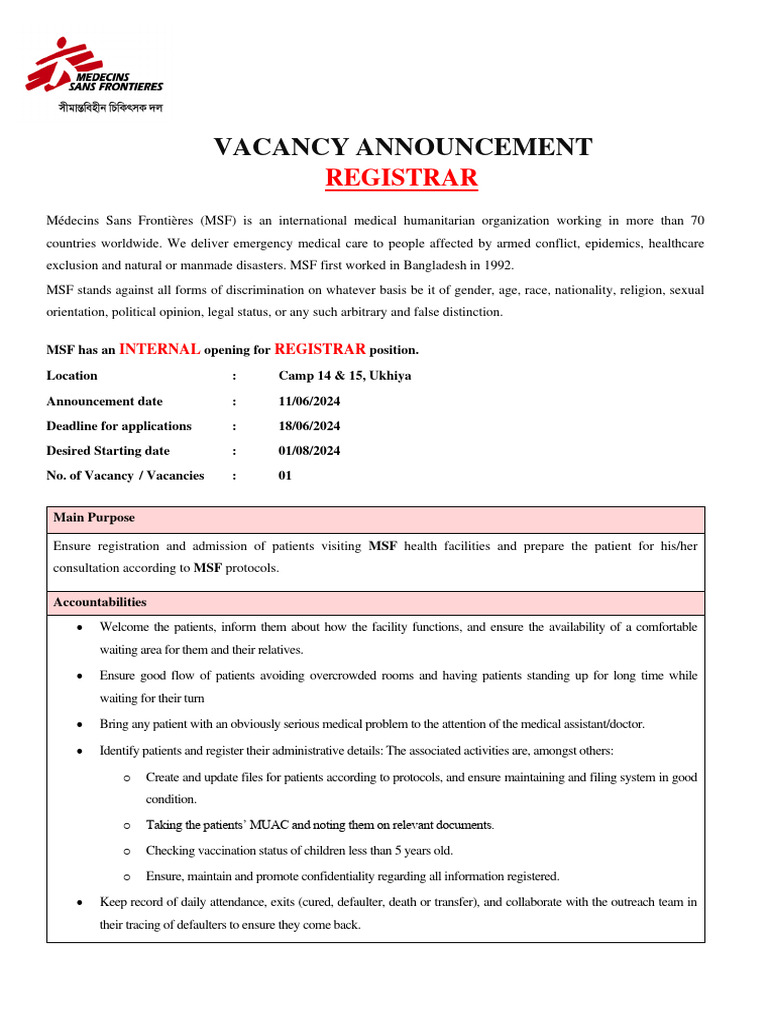 Internal Vacancy Announcement Registrar | PDF | Médecins Sans ...
