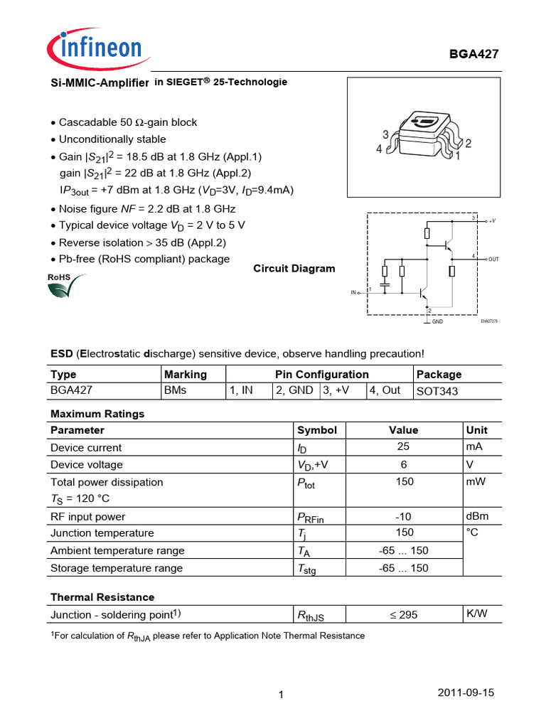 Infineon BGA427 DS v01 01 en | PDF | Electrostatic Discharge | Electrical Engineering