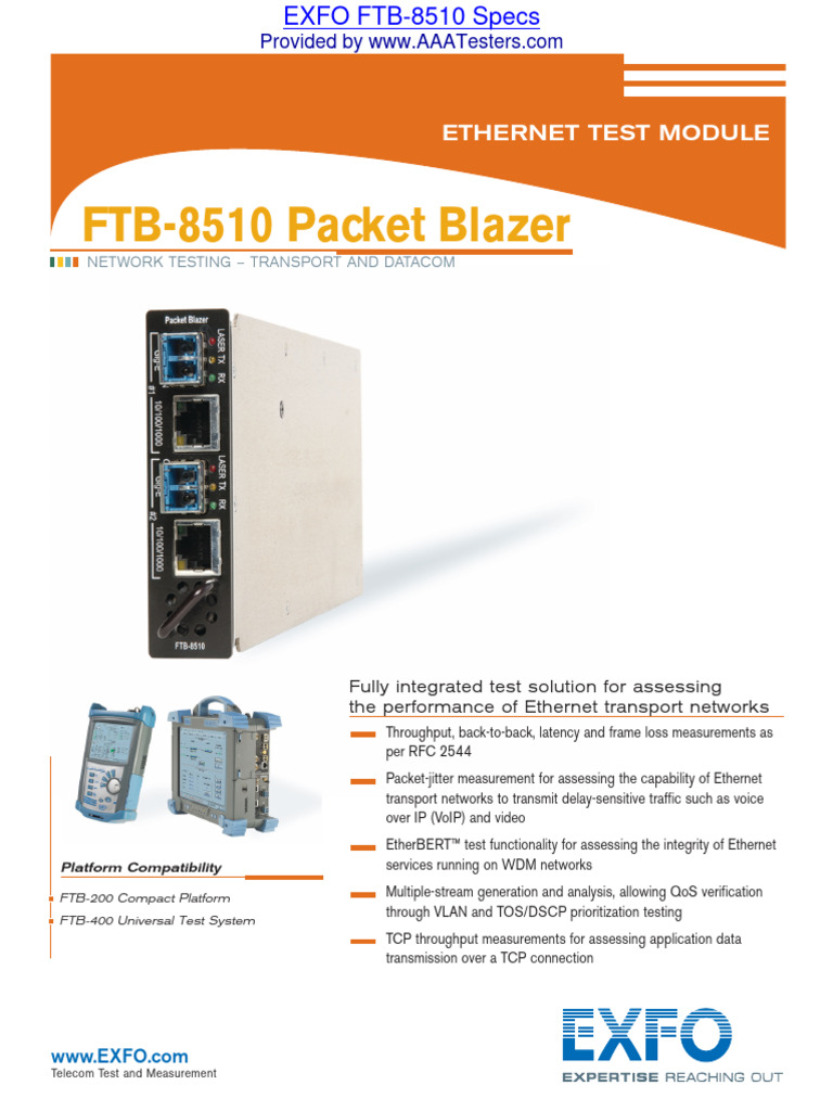 Exfo Ftb-8510 Specifications Spec Sheet 3f174 | PDF | Computer Network | Transmission Control ...