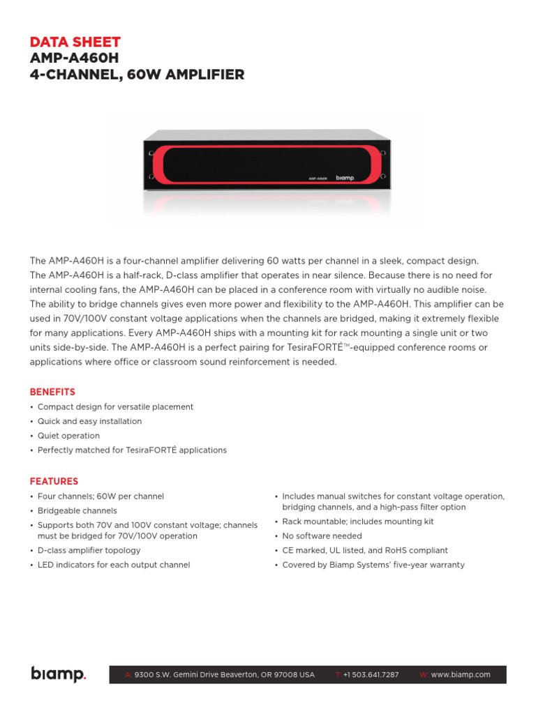 Biamp Data Sheet Amp-A460h Sep22 | PDF | Amplifier | Manufactured Goods