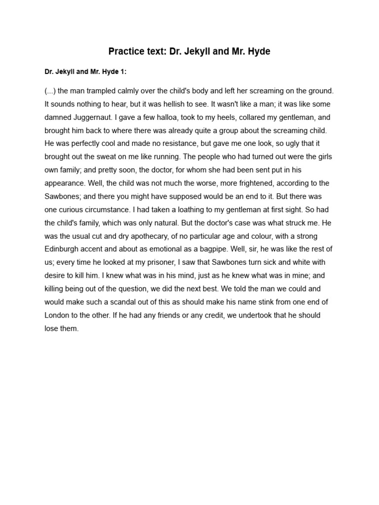 Practice Text: DR Jekyll and Mr. Hyde | PDF | Mystery, Thriller & Crime ...