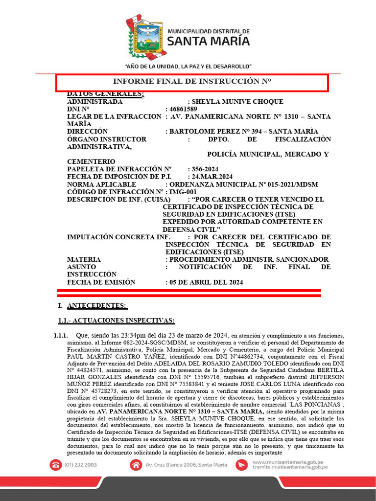 Inf. Final de Instruccion | PDF | Documento de identidad | Defensa Civil