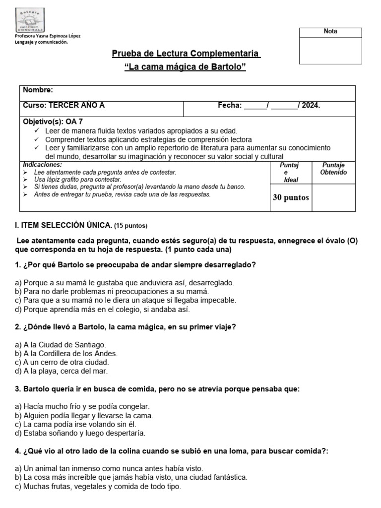 Prueba Lectura Complementaria 3°A LA CAMA MÁGICA DE BARTOLO | PDF