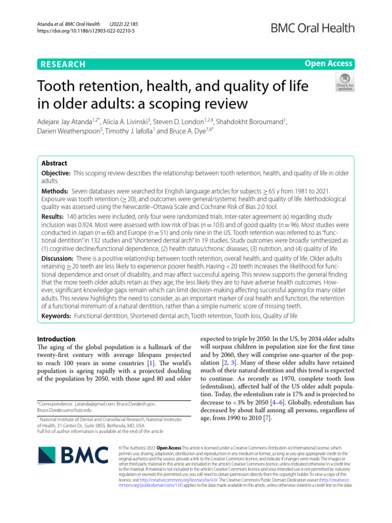 Tooth Retention, Health, and Quality of Life in Older Adults | PDF ...