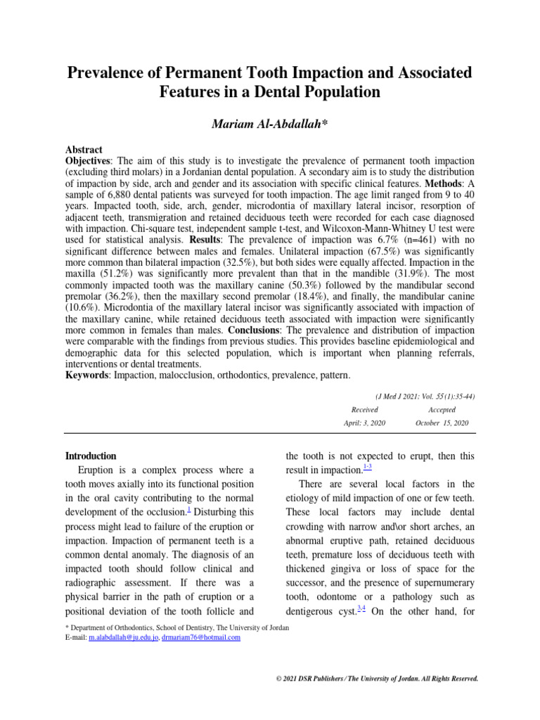 Prevalence of Permanent Tooth Impaction and Associated Features in A ...