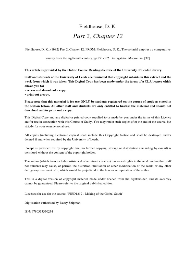 Fieldhouse, D. K. - Part 2, Chapter 12. FROM, The Colonial Empires - A Comparative Survey From ...