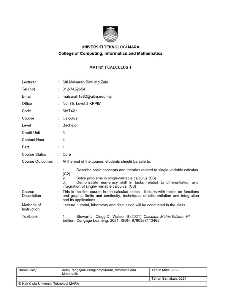 Scheme of Work Mat421 March 2024 | PDF | Integral | Derivative