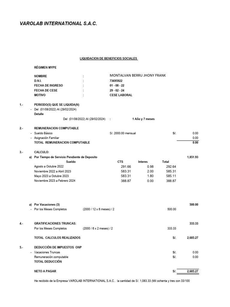 Liquidacion BBSS FRANK | PDF | Salario | Negocios económicos