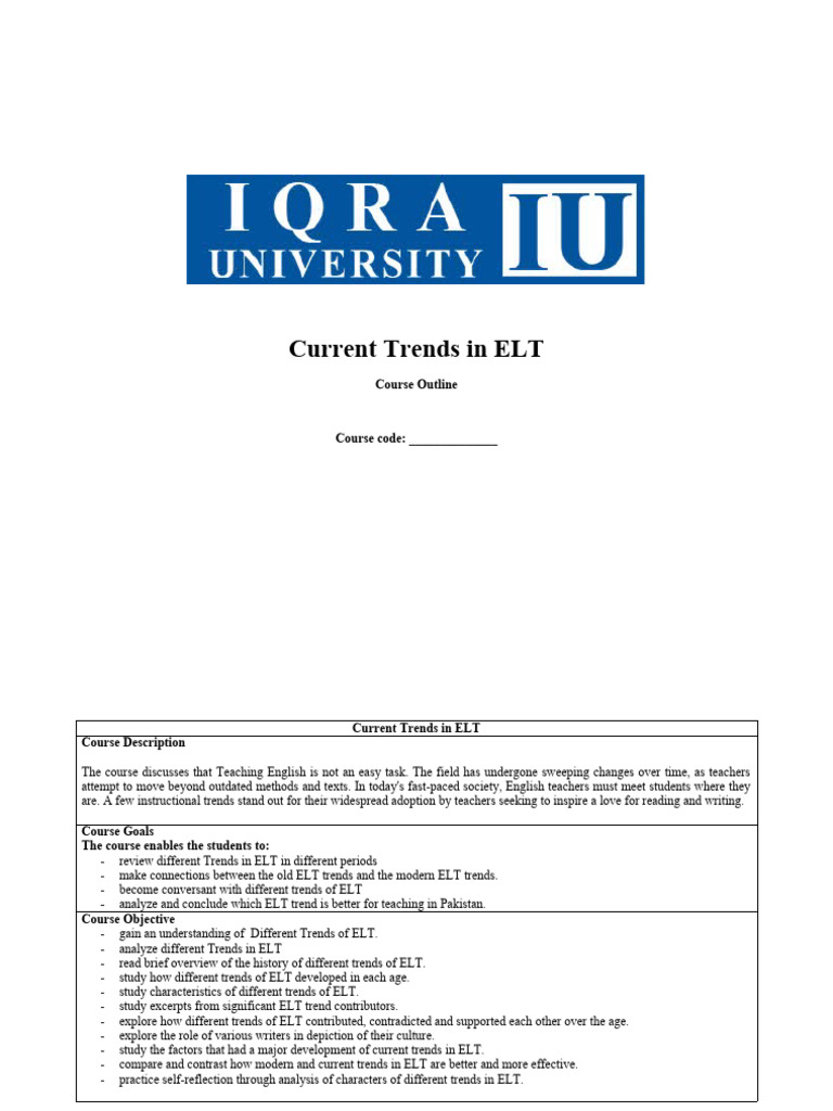 CURRENT TRENDS IN ELT Course Outline - Col Dr. Akhtar Khalili | PDF | Translations | Learning
