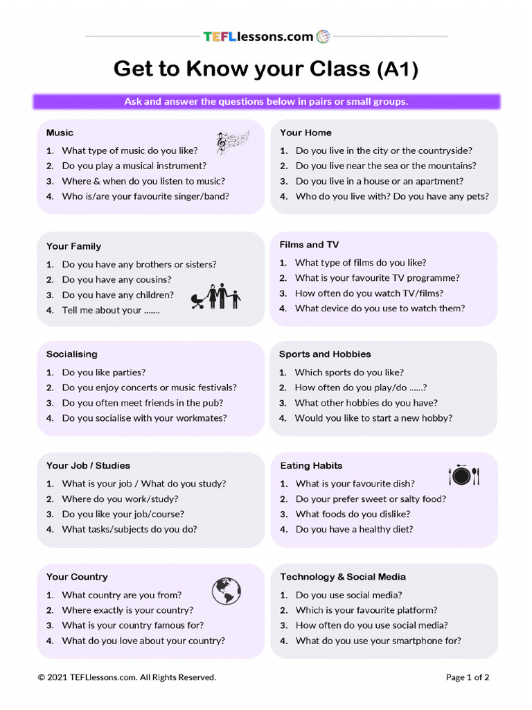 A1 Conversation Questions CLT Communicative Language Teaching Resources ...