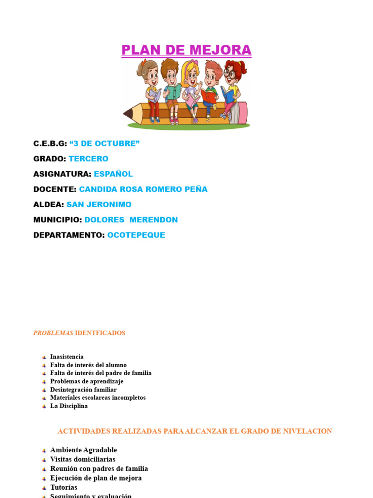 PLAN de MEJORA de Primero Candi | PDF | Metodos de aprendizaje ...