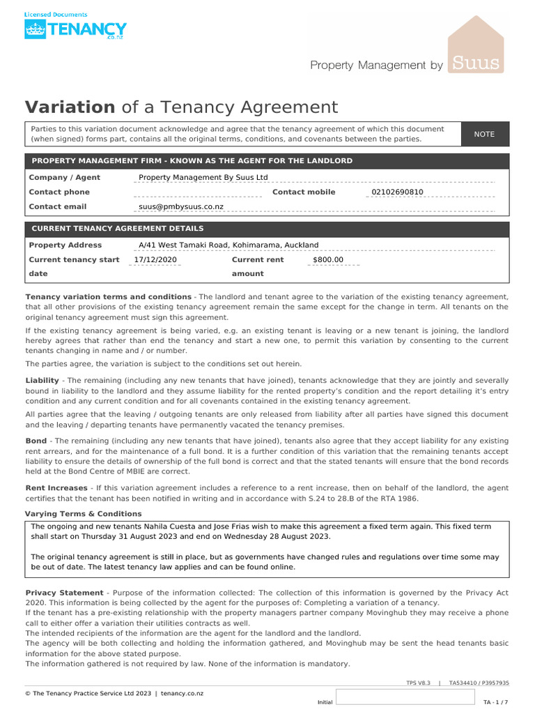 Tenancy Agreement Variation Form | PDF | Leasehold Estate | Lease