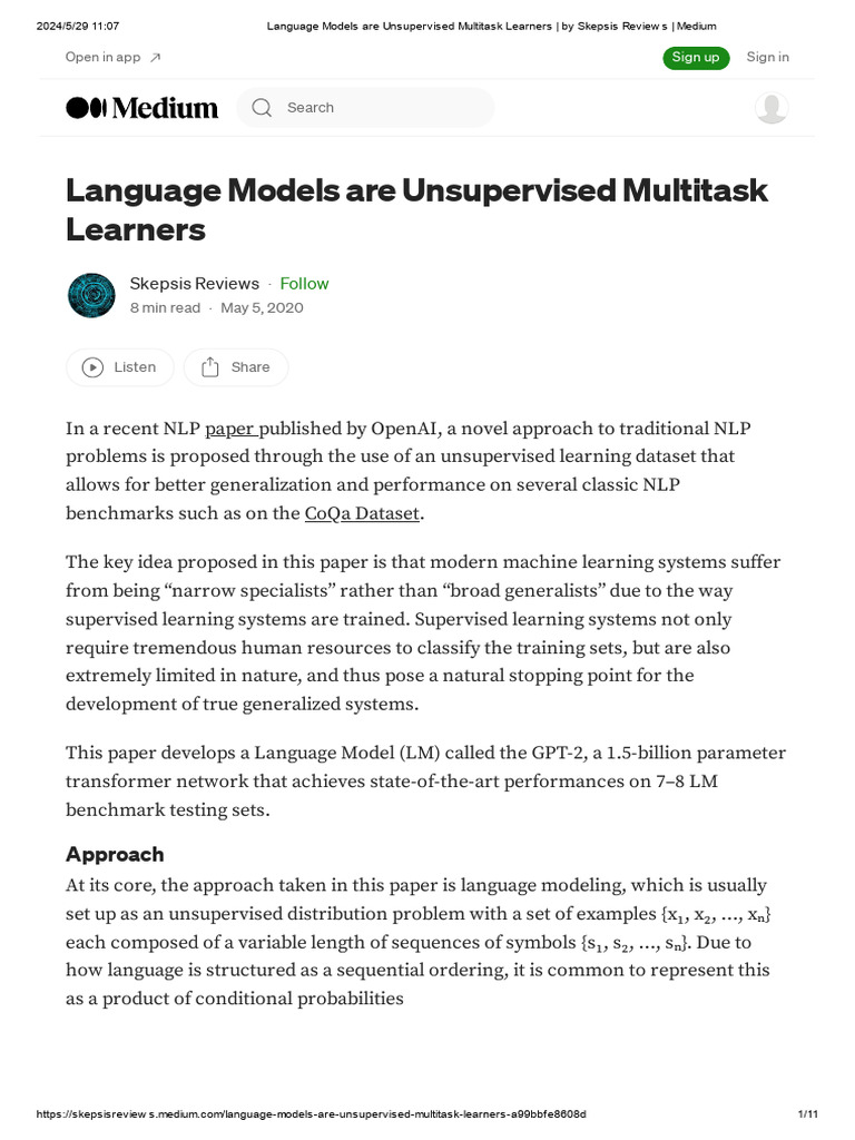 Language Models Are Unsupervised Multitask Learners - by Skepsis Reviews - Medium | PDF ...