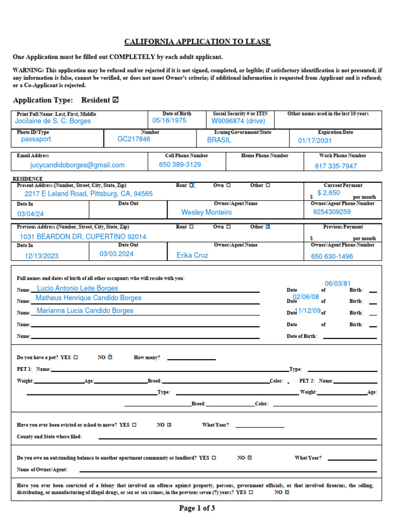 California Lease Application Form | PDF | Lease