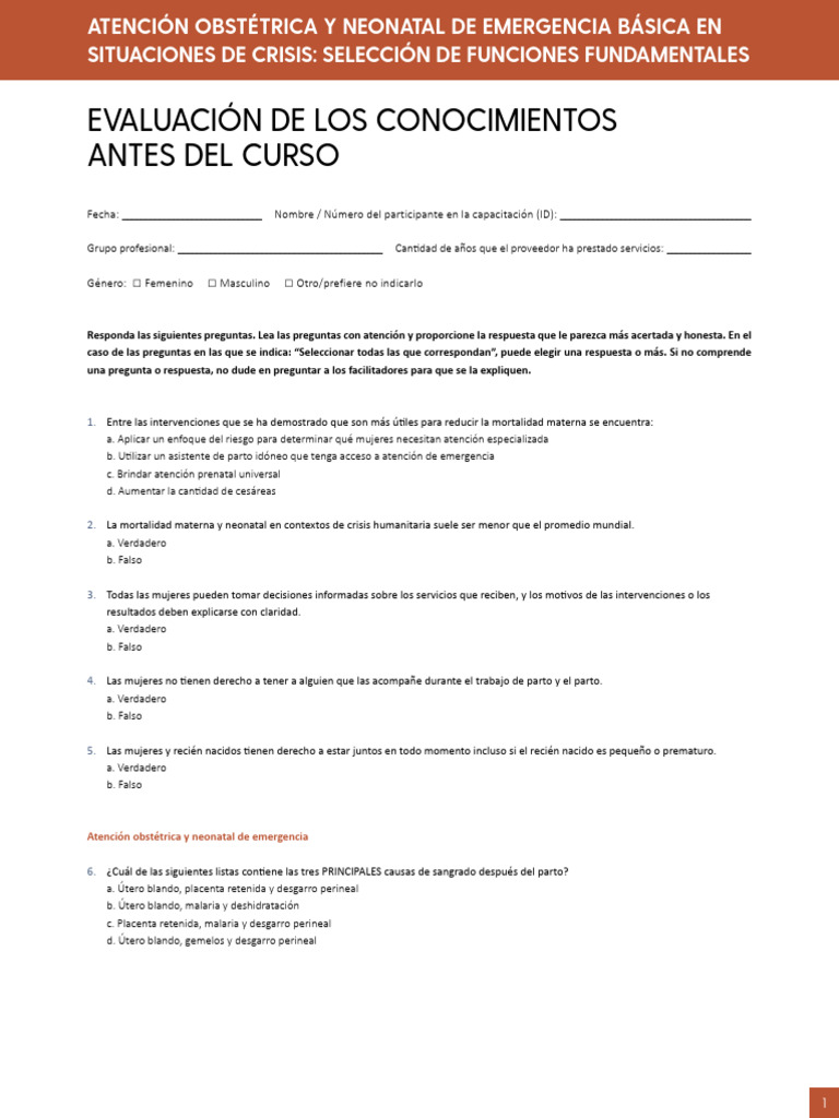 SP Bemonc Pre-Test | PDF | Parto | Placenta