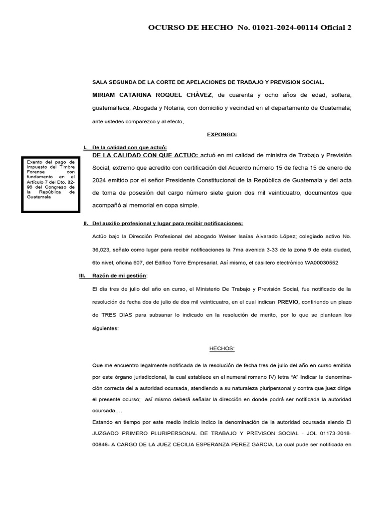 Previo Ocurso de Hecho 1021-2024-114 | PDF | Demanda judicial | Guatemala