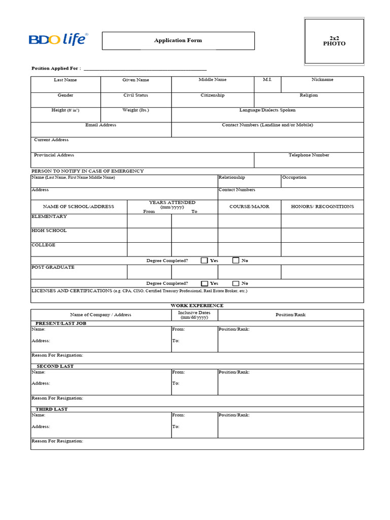 BDO Life Employment Application Form Fillable 032024 FA Fillable | PDF ...