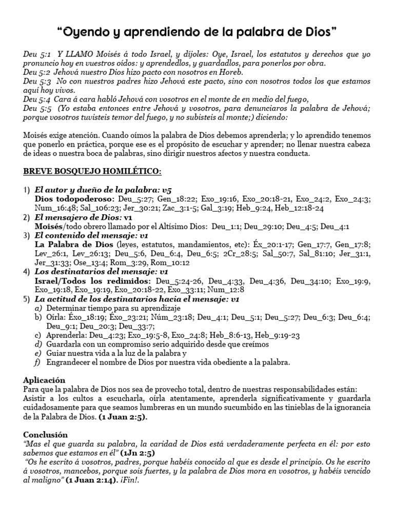 Deuteronomio 5.1-5 Oyendo y Aprendiendo de La Palabra de Dios | PDF | Creencia religiosa y doctrina