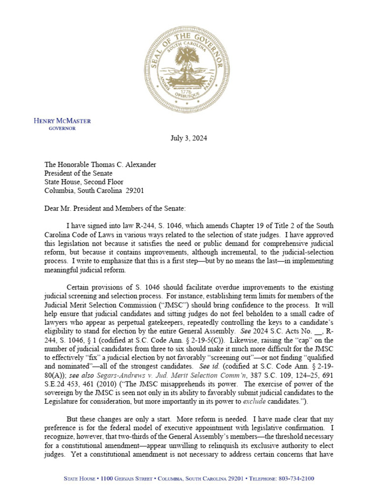 2024-07-03 Gov. McMaster To Pres. Alexander Re S. 1046 Signing Statement | PDF | Separation Of ...