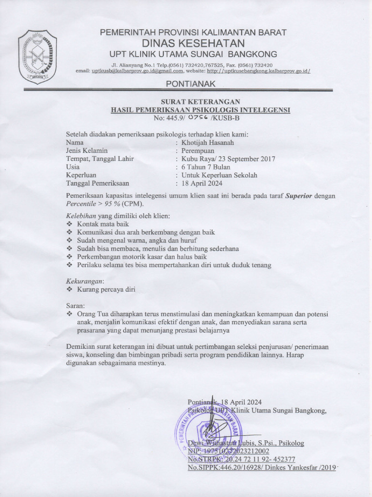 Surat Keterangan Psikologi - Khotijah Hasanah | PDF | Karier & Perkembangan