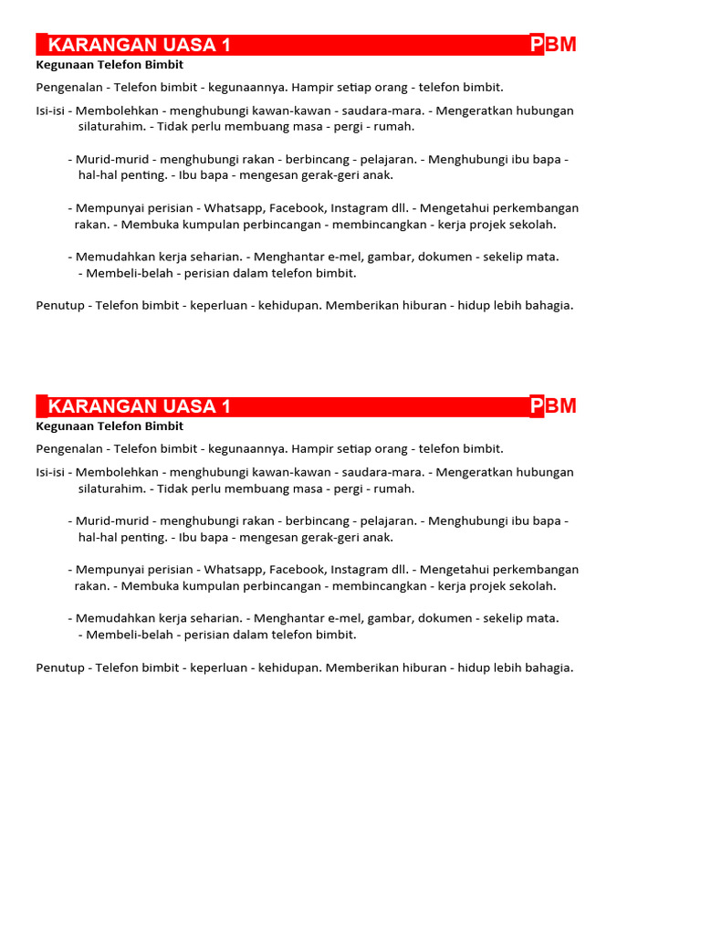 Karangan Uasa 1 Kegunaan Telefon Bimbit Pdf