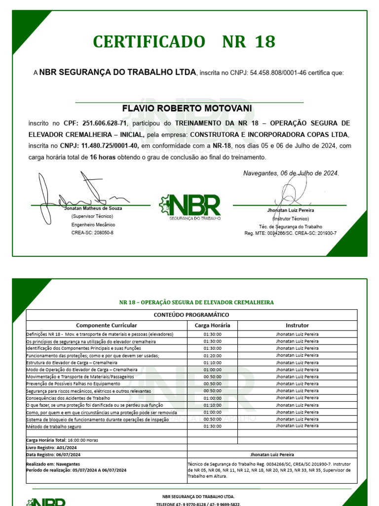 MODELO DE CERTIFICADO NR -18 - ELEVADOR CREMALHEIRA - 06-07-2024.pptx | PDF | Elevador