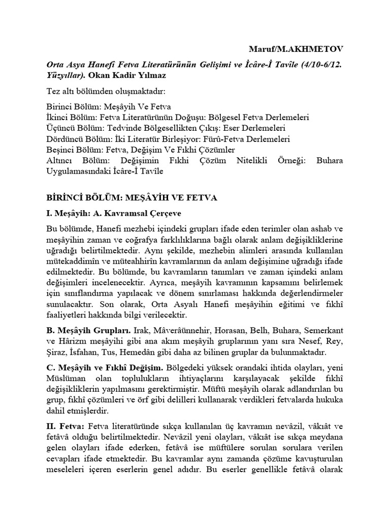 Orta Asya Hanefî Fetva Maruf 2.özet | PDF