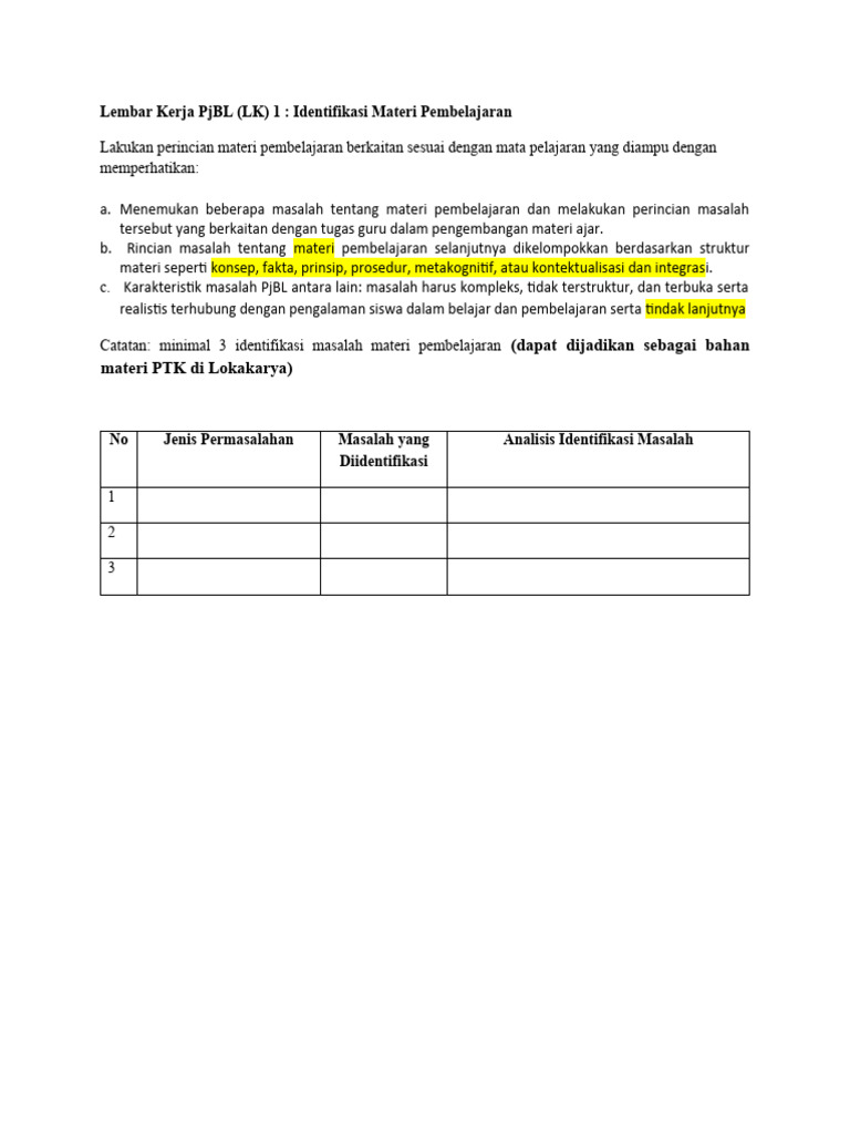 PJBL K2 LK-1 Identifikasi Materi Pembelajaran | PDF