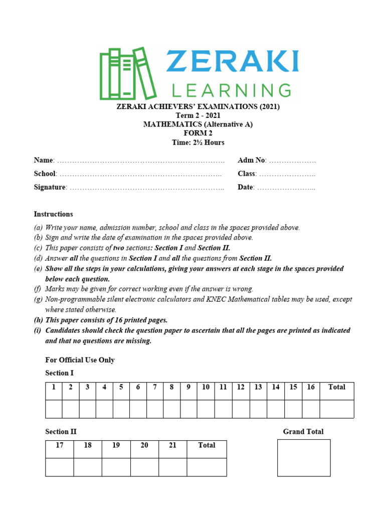 Mathematics Form 2 - Zeraki Achievers 2.0 - Question Paper | PDF | Area | Speed