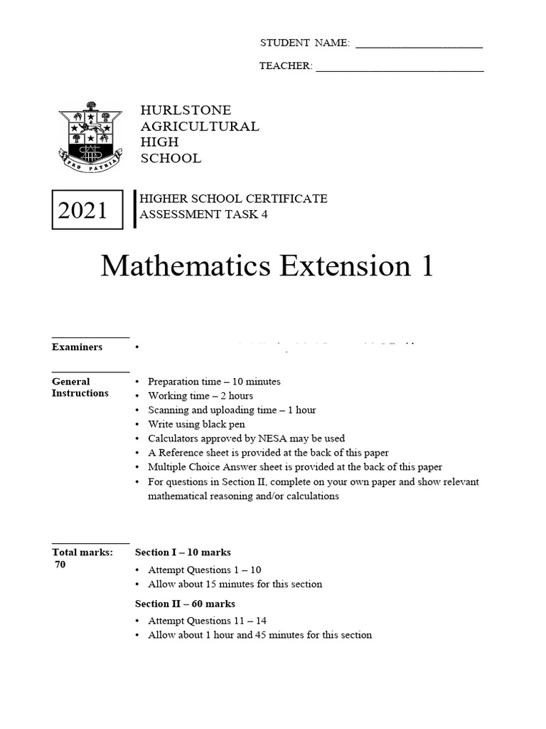 Hurlstone 2021 Math Ext 1 Trials | PDF | Function (Mathematics) | Mathematics