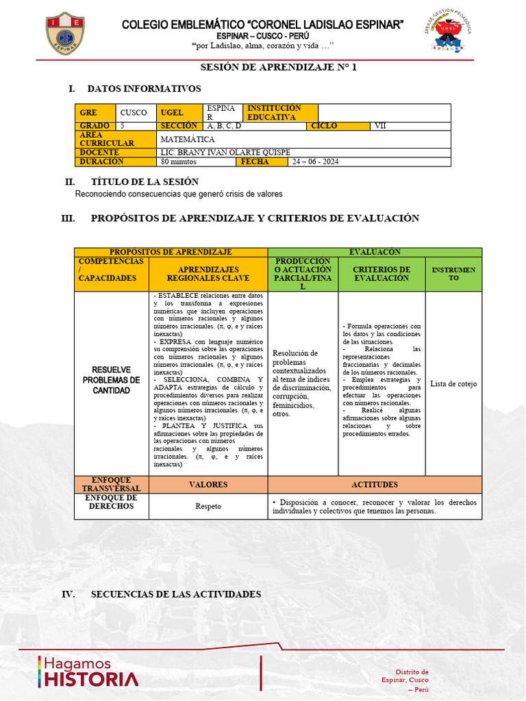 Sesión de Aprendizaje 2024 | PDF | Pi | Evaluación