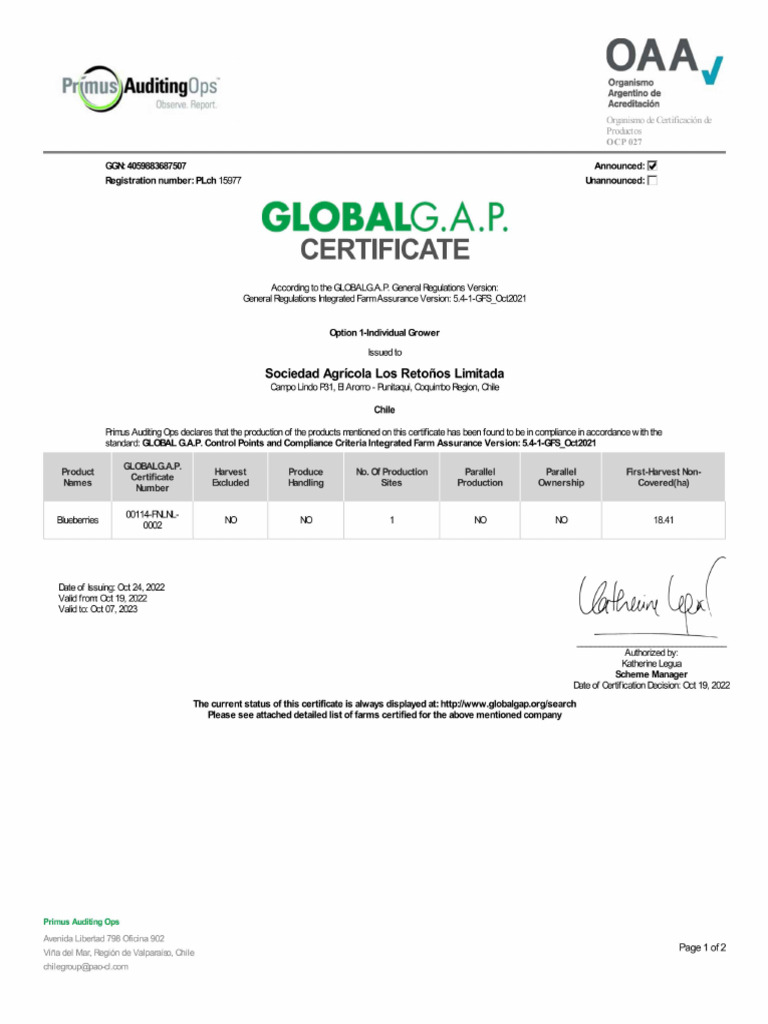 GlobalG.A.P. Certificate AGR LOS RETOÑOS | PDF